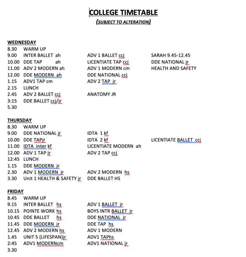 College Timetable – North Liverpool Dance Academy